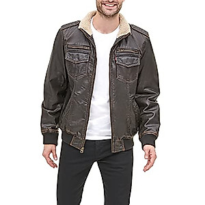 Levi's mens Vintage Deer Sherpa Lined Aviator Bomber Faux Leather Jacket, Dark Brown, Large US