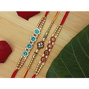 Palak Global Rakhi Bracelet, Wrist Band. Fancy unique beautiful stones blue white, red stones, gift celebration (Fancy Rakhi Set of 3 - Design 1, Small) (PLK32)
