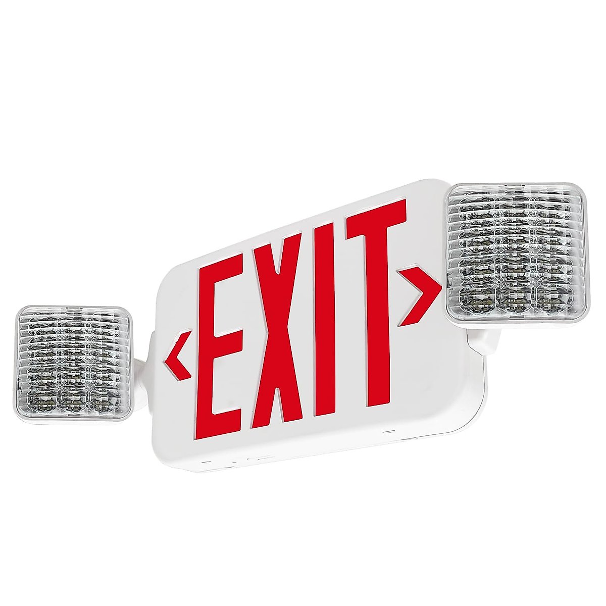 LFI Lights | Combo Red Exit Sign with Emergency Lights | White Housing | All LED | Two Adjustable Square Heads | Remote Head Capable | Hardwired with Battery Backup | UL Listed | COMBO2-R-W-RH