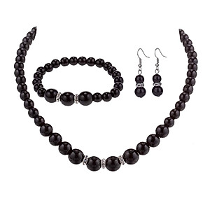 Femtindo Faux Pearl Necklace Earring and Bracelet Black Costume Jewelry Set for Women