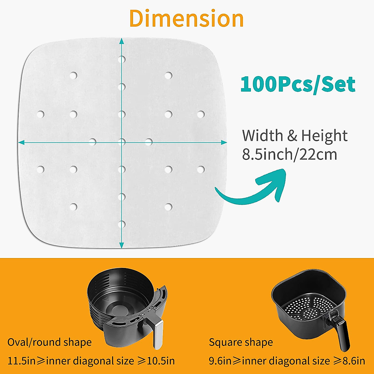 Air Fryer Disposable Paper Liner - 100Pcs 8.5inch Air Fryer Parchment Paper Sheets - Square Oven Air Fryer Liners Sheets for Baking - Perforated Unbleached power xl Airfryer Accessories