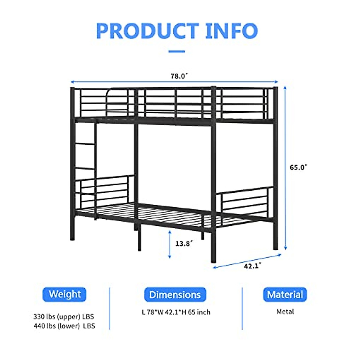 Alohappy Metal Bunk Bed Twin Over Twin, Twin Bunk Beds with Removable Ladder and Safety Guard Rail, 13.8” Under Bed Storage Space, No Box Spring Needed, Easy to Climb, Industrial Style(Black)