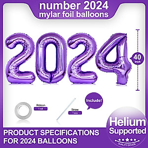 Gaint 40 Inch Purple 2024 Number Balloons 2024 Purple Balloons for 2024 New Year Eve Festival Graduation Party Decorations Supplies