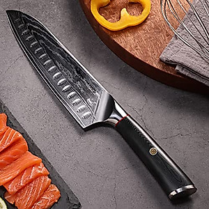 MAD SHARK Ultra Sharp Chef Knife, Professional 8 Inch Damascus Santoku Knife, Made of Super Damascus Stainless Steel, Non-stick Blade Kitchen Knife with Ergonomic Handle, Finger Guard & Gift Box