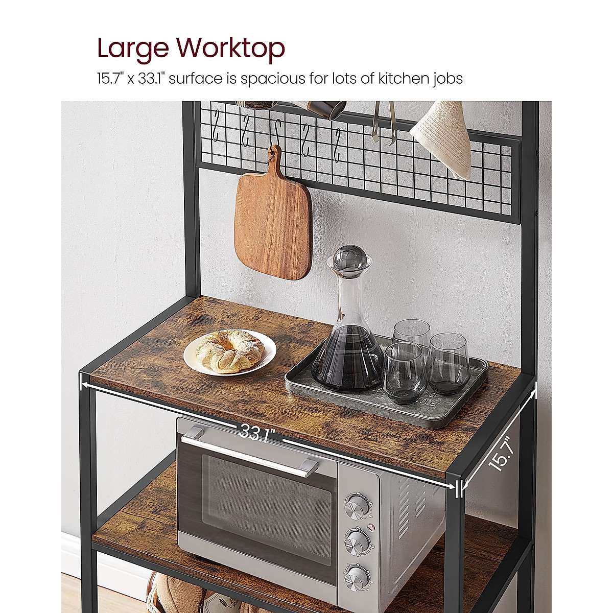 VASAGLE Bakers Rack, Coffee Bar, Kitchen Storage Shelf Rack with 10 Hooks, 3 Shelves, Adjustable Feet, for Microwave Oven, 15.7 x 33.1 x 66.9 Inches, Industrial, Rustic Brown and Black UKKS17BX