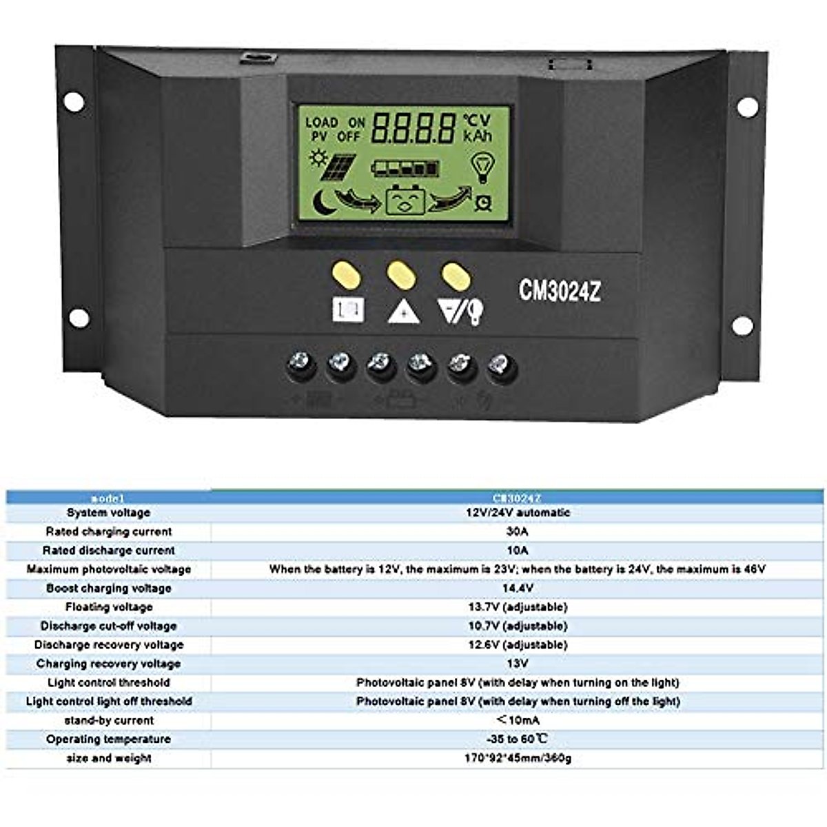 CM3024Z PWM Intelligent Solar Panel Charge Controller Regulator LCD Display 12V 24V 30A PVC