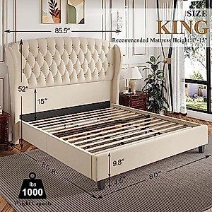 Jocisland Upholstered Bed Frame King Size Platform Bed Linen Deep Button Tufted Handmade Headboard Shell Wingback/No Box Spring Needed/Wood Slats(Beige)