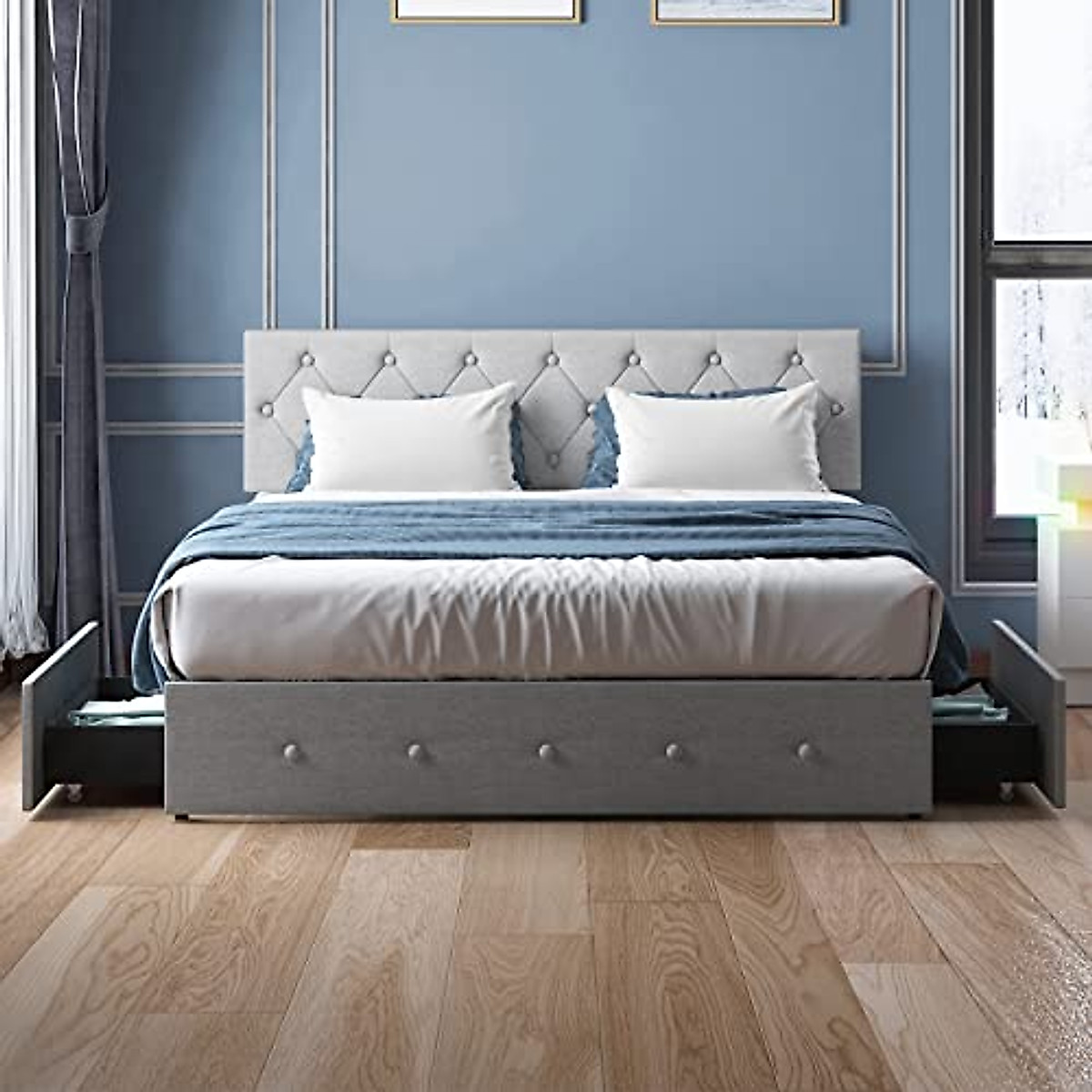 ZAFLY California King Platform Bed Frame with 4 Storage Drawers,Cal King Bed Frame with Fabric Headboard,Diamond Stitched Button Tufted Design,Wooden Slats Support,No Box Spring Needed,Light Grey