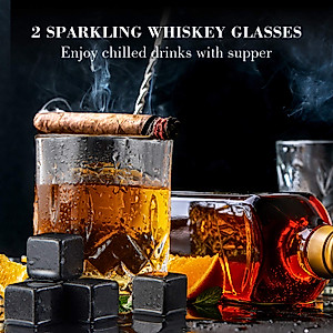 Whiskey Glasses Stones Gifts Set for Men, Pack of 2, 10 oz Scotch Bourbon Glasses, 8 Chilling Rocks and Wooden Box for Him, Boyfriend, Dad, Husband, Father, Groomsmen, Birthday, Anniversary