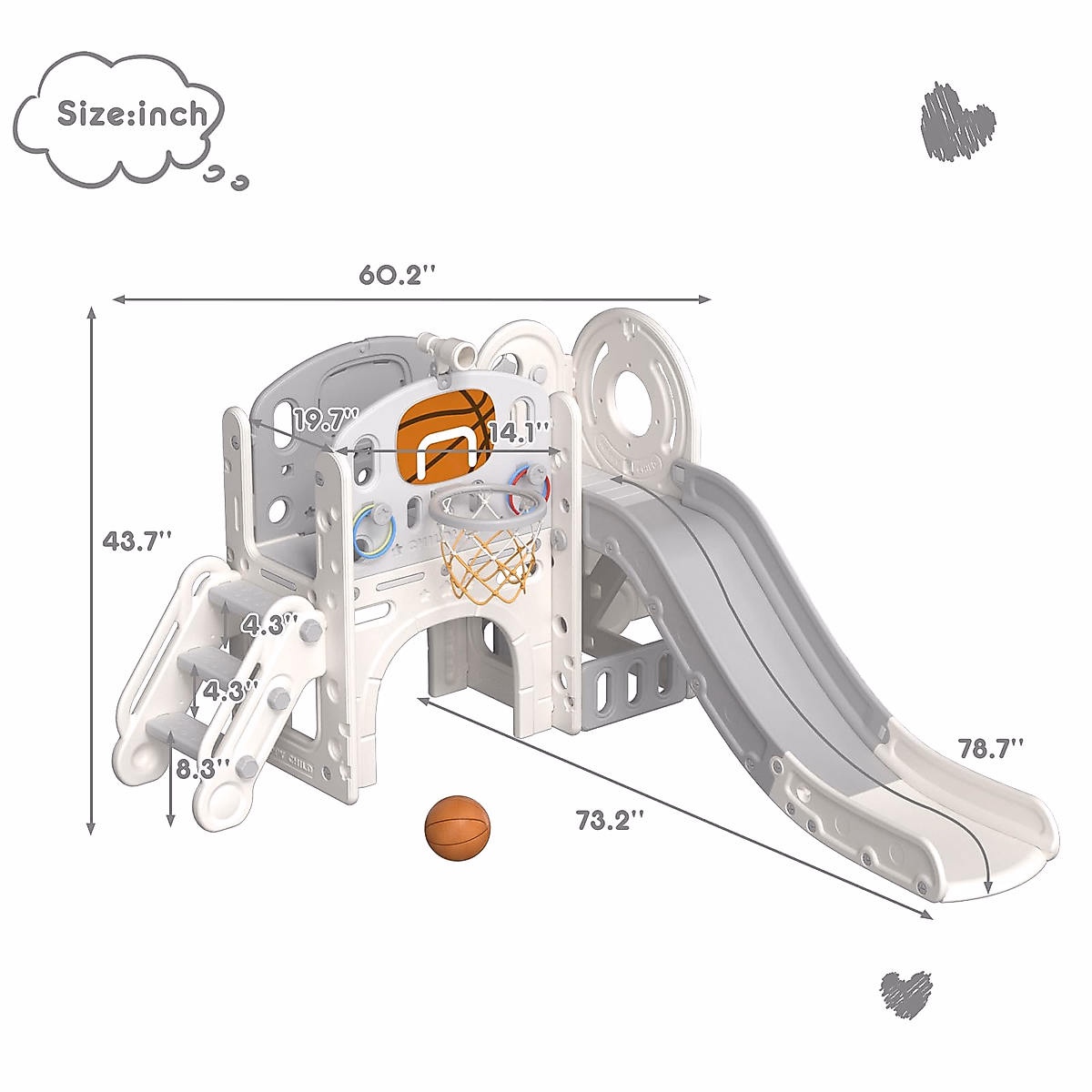 XJD 8 in 1 Toddler Slide Set, Kids Slide for Toddlers Age 1+, Toddler Climber Slide PlaySet with Basketball Hoop and Ball,Outdoor Indoor Playground for Toddlers 1-3 (Beige Grey, 8 in 1)
