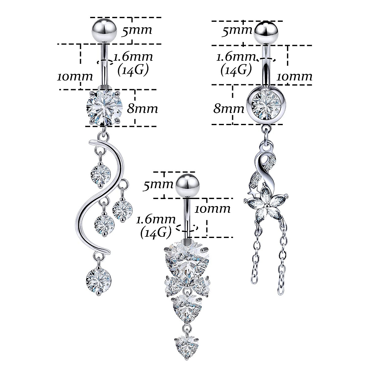 Vsnnsns 14G Belly Button Rings for Women Stainless Steel CZ Opal Long Dangle Belly Button Piercing Jewelry Belly Rings Bars Curved Navel Ring Barbell Body Jewelry Piercing for Women Men Silver 8Pcs