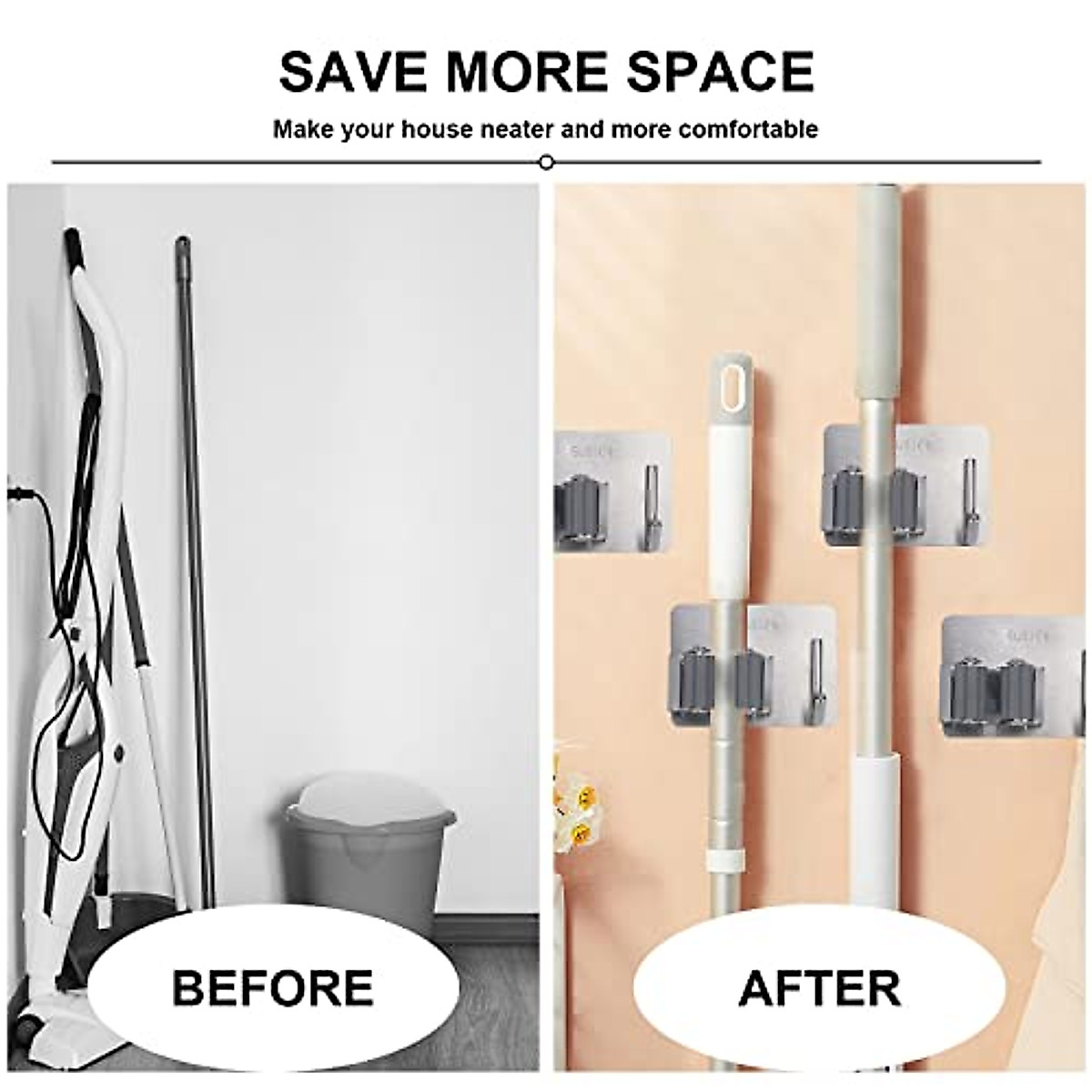 PMIIO Self Adhesive Broom Hanger Gripper, SUS304 Stainless Steel, 4 Pack Wall Mounted Heavy Duty with Hooks Hanger, for Bathroom, Kitchen, Garage Laundry Room Storage - Silver