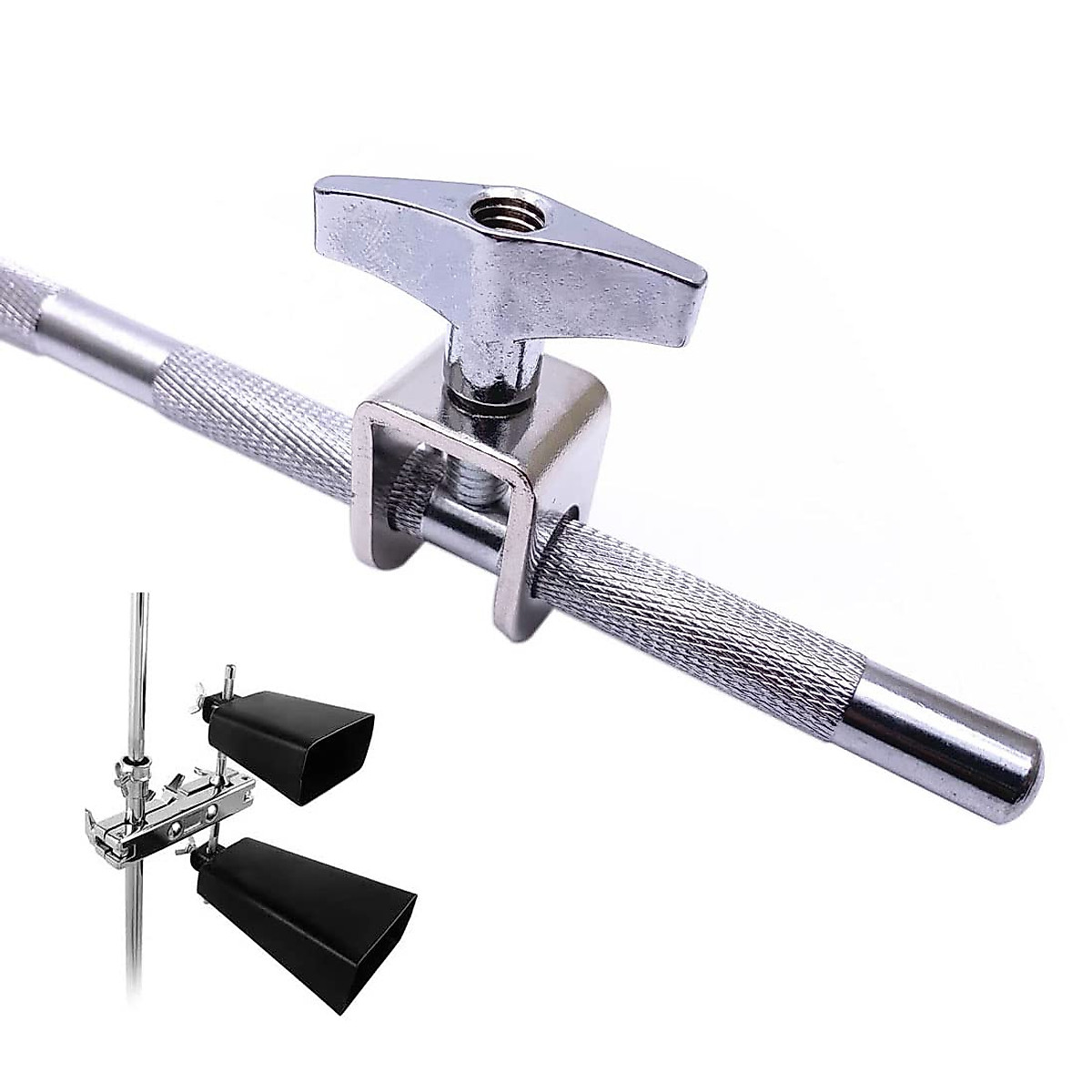 TUOREN Double Rows Cowbell Clamp Straight Rod Bass Drum Hoop Mount Cowbell Holder Up or Down Adjustment Percussion Cowbell Mount Rod Accessories