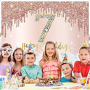 Happy 7th Birthday Banner Backdrop Decorations for Girls, Rose Gold 7 Year Old Birthday Party Sign Supplies, Pink Seventh Birthday Poster Background Photo Booth Props Decor