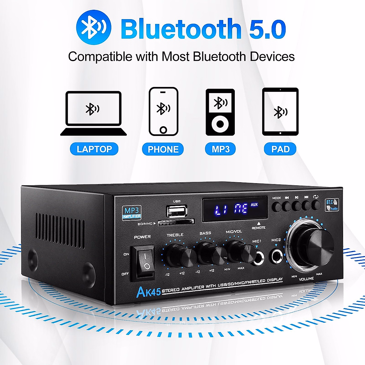 AK45 Home Audio Power Amplifier with Bluetooth, 100Wx2 Audio Stereo Receiver, Home Amplifiers w/FM Radio USB, AUX, RCA, SD for Home Theater Speakers Audio Stereo, Studio