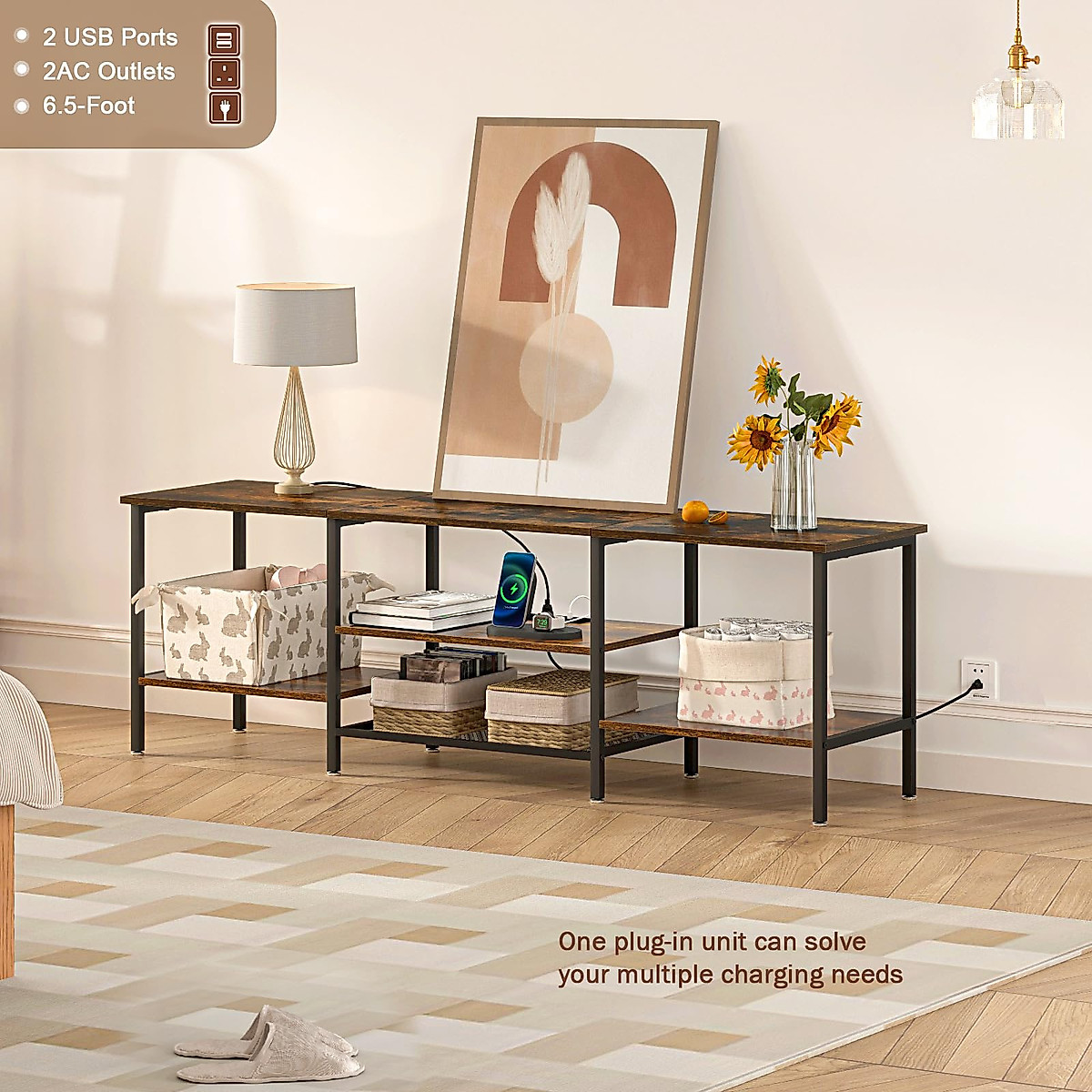 Entrintou TV Stand with Power Outlet for 55/65/70/75 inch TVs, TV Console Table with Open Storage Shelves, 3-Tier Industrial Entertainment Center, Wood TV Stand for Living Room, Bedroom, Brown Black