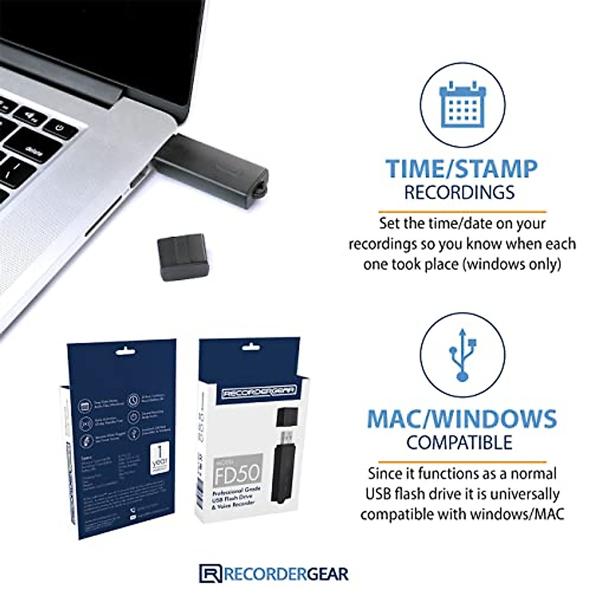 RecorderGear FD50 Mini USB Flash Drive Voice Recorder 8GB Voice Activated Recorder, 25-Day Battery, Time/Date Stamp, Records While Plugged in, Dual Recording Mode Switch Digital Audio Recording Device