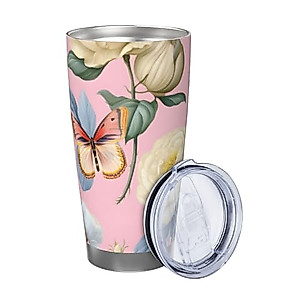 AYCZN Butterfly White Flower 20 OZ Tumbler Stainless Steel Travel Coffee Mug, Romantic Floral Insulated Water Bottle with Lid and 2 StrawsLeakproof Thermal Cup