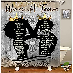 Fashion&Man OLEBETY 4PCS African American Shower Curtain Set, RomanticCouple Black Queen King Luxury GoldCrown Grey Mandala Flower Inspirational Quotes Bathroom Decor, Non-Slip Bath Mat, We're A Team