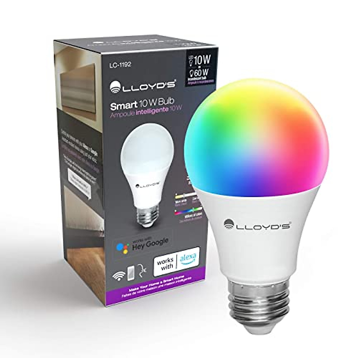 Lloyd's WiFi Smart A19 Bulb, Multicolor + White Light Range (Warm White to Cool White, 2700K-6500K), Works with Alexa and Google Home, 9W, No Hub Required, Dimmable from App, for 2.4 GHz Networks
