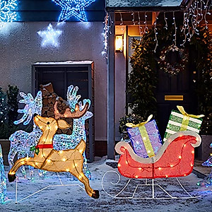 Hourleey Christmas Outdoor Decorations Yard, Pre-Lit Lighted 2D Santa Sleigh Reindeer with 50 Count Warm White Light, Waterproof Outdoor Christmas Deer Decorations for Yard Patio Lawn Garden Party