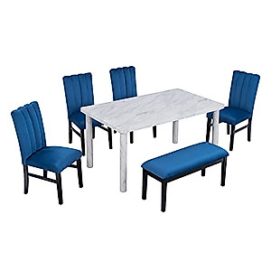 Goohome 6-Piece Kitchen Dining Set, Mid-Century Marble Veneer Table, 4 Flannelette Upholstered Chairs and Bench Family Furniture, for Home, Apartment, A-White+Blue