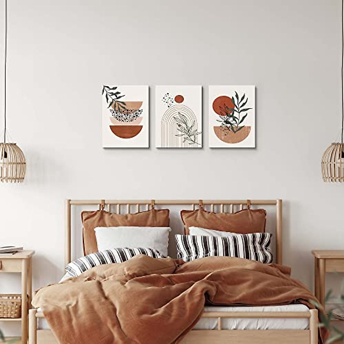 Boho Wall Art Prints, Boho Wall Decor, Mid Century Modern Wall Art, Set of 3 Prints, Abstract Geometric Prints Black Beige Terracotta Minimalist Art, Natural Framed Canvas Prints Artwork For Living Room Bathroom Bedroom Wall Decor