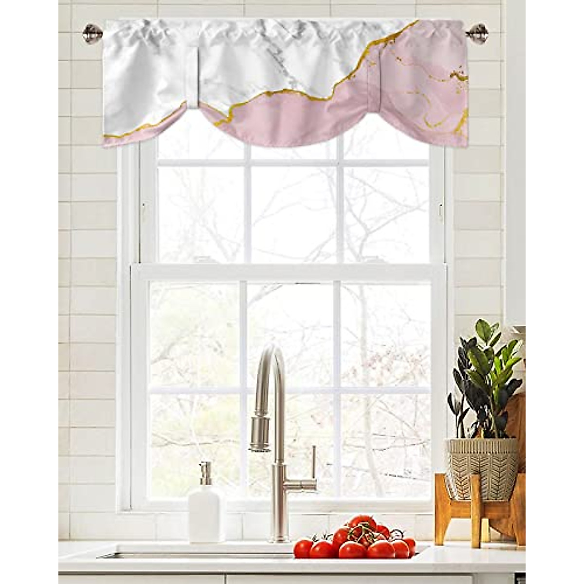 Tie Up Valance Curtains Natural White and Pink Wild Marble Kitchen Cafe Valances for Windows,Rod Pocket Adjustable Balloon Window Shades for Living Room Bathroom Gold Line Stone Texture,1 Panel