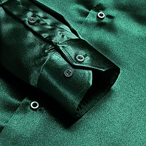 Hi-Tie Men's Dark Green Dress Shirt Long Sleeve Satin Silk Like Regular Fit Solid Turn Down Collar Shirt Casual Prom Daily