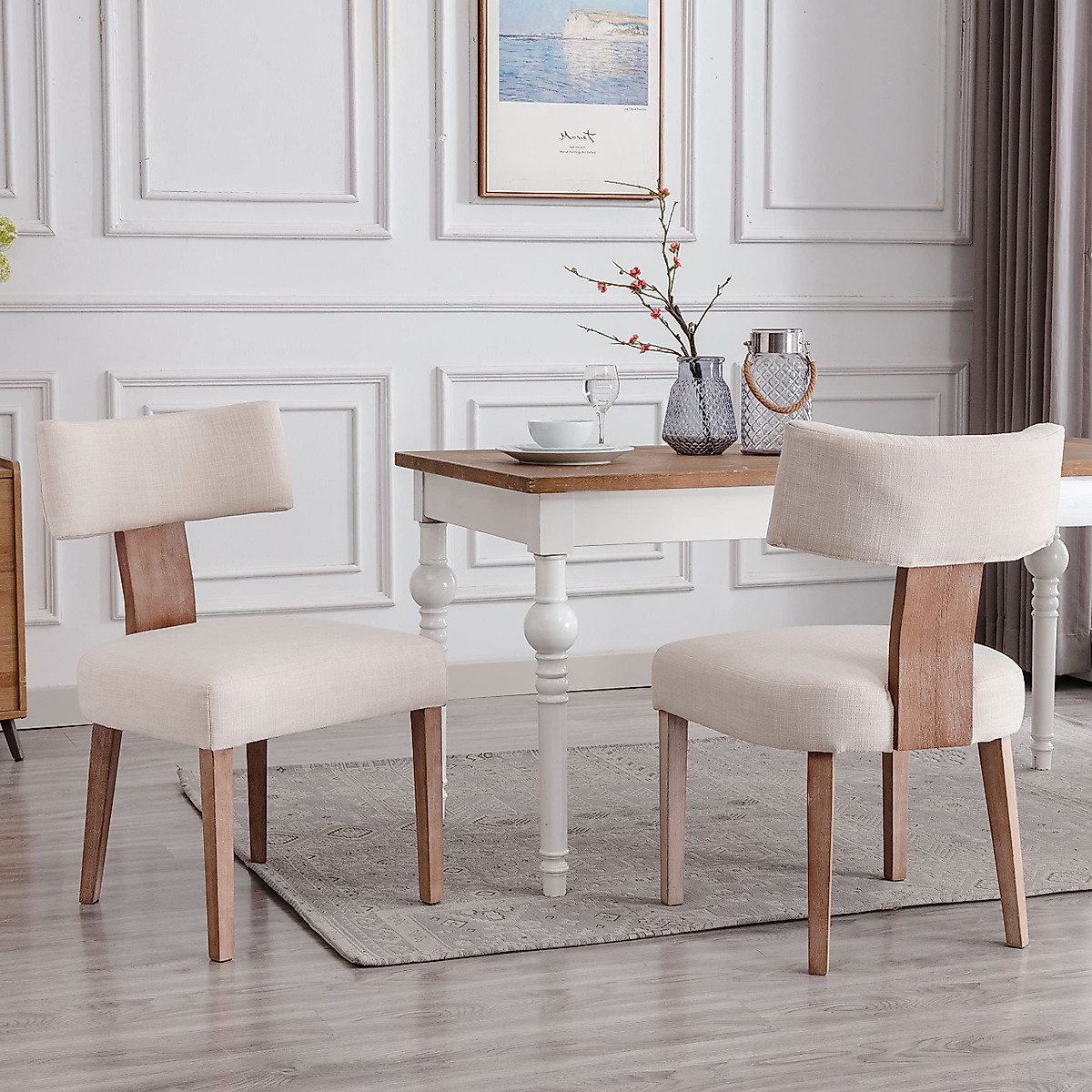 RIVOVA Farmhouse Dining Chairs Set of 4, Linen Upholstered Dining Room Chairs, Accent Parsons Chairs with Solid Wood Legs, Beige