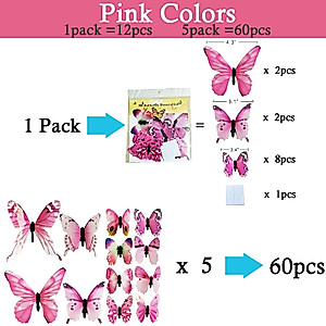 Ewong 3D Butterfly Wall Stickers Arts Decor Crafts for Kids Girls, Home Decorations for Living Room Baby Bedroom Bathroom Nursery Classroom Office Decals 60PCS (60 Pink)