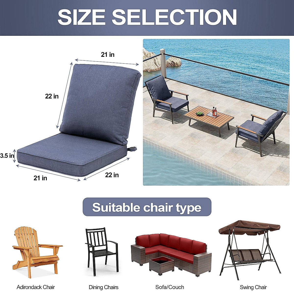 PATIOHIT Outdoor Chair Cushions Waterproof Indoor Furniture Seat Cushions Patio Cushions for Sofa Couch Outdoor Furniture with Removable Cover Deep Seat & Back Cushion (22 x 21 Inch, Sky)