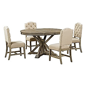 Goozio Retro Style 5-Piece Round Table and Chairs Set,Round Dining Table for 4,Extendable Dining Set with Round Table and 4 Upholstered Chairs for Kitchen,Natural Wood Wash