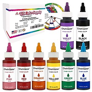 U.S. Cake Supply Large 2-ounce Bottles of each Liquid Candy Food Color 8 Bottle Kit with Mixing Wheel for Chocolate and Candy Coloring