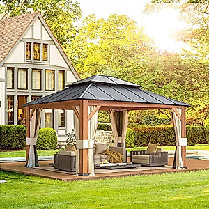 YOLENY 12' x 14' Ultra-Thick Columns and Beams Hardtop Gazebo, Metal Gazebo with Faux Wood Grain Aluminum Frame, Dual Material Double Roof, Outdoor Patio Gazebo Pergolas with Netting and Curtains