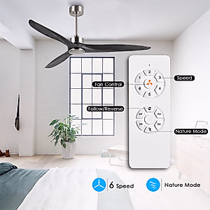 WINGBO 60 Inch DC Ceiling Fan without Lights, 3 Reversible Carved Solid Wood Blades, 6-Speed Noiseless DC Motor, Ceiling Fan No Light with Remote, Brushed Nickel Finish with Gray Blades