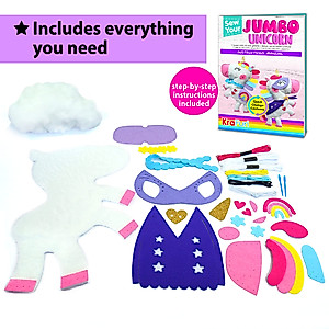 KRAFUN Big Jumbo Unicorn Animal Sewing Kit for Age 7-12 Kids Beginner My First Art & Craft, Includes 1 Stuffed Doll with Accessories, Instructions & Plush Felt Materials for Embroidery