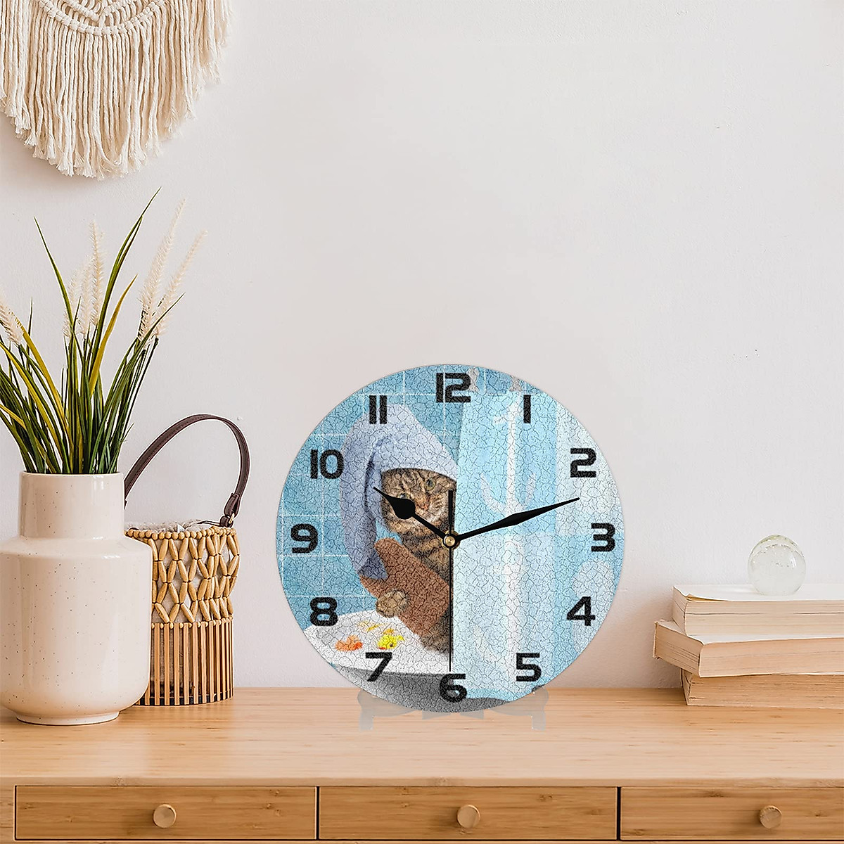 Wall Clocks for Living Room Decor 10 Inch Silent Non-Ticking Wall Clocks Battery Operated Round Hanging Clock Real Wood for Home/Office/Kitchen/Classroom/School Cat Pattern