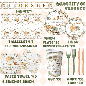 Fall Pumpkin Gender Reveal Tableware,He or She Pumpkin Floral Gender Reveal Party Decorations,What Will Our Little Pumpkin Be Disposable Tablecloth,Plates,Napkins for Autumn Baby Shower Supplies