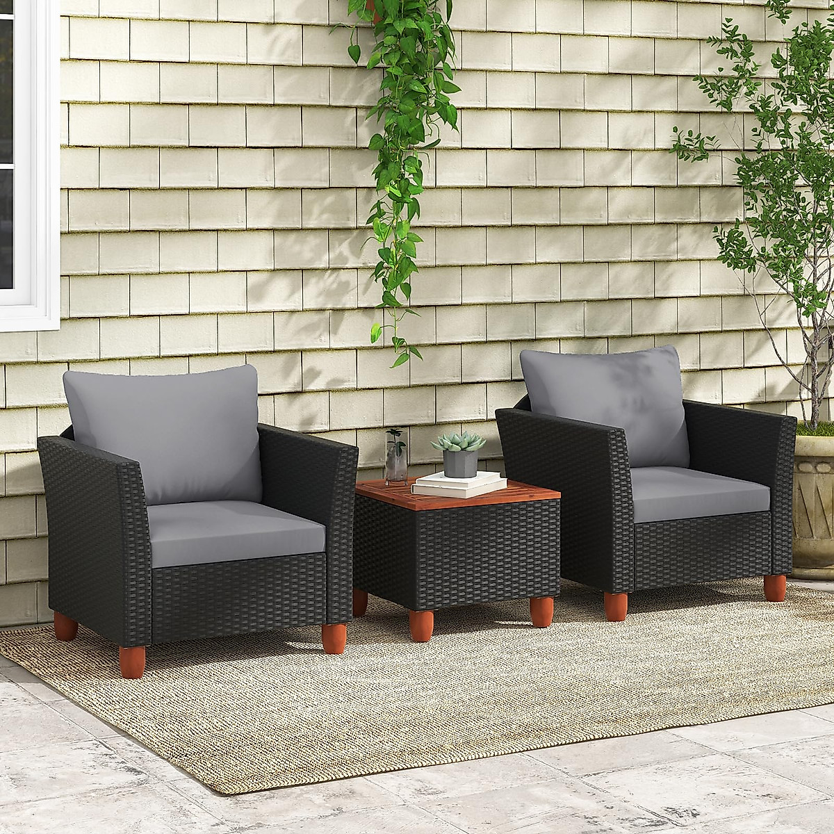 ORALNER 3 Pieces Patio Furniture Set, Outdoor Wicker Conversation Chairs with Cushion, Acacia Coffee Table, Rattan Bistro Set for Balcony Garden Backyard Front Porch Poolside (Grey)