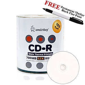 Smartbuy 100-disc 700mb/80min 52x CD-R White Thermal Hub Printable Blank Media Disc + Black Permanent Marker