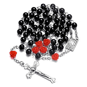 Pearl Rose Beads Rosary Catholic Necklace Holy Soil Medal Cross Crucifix-6 Packs