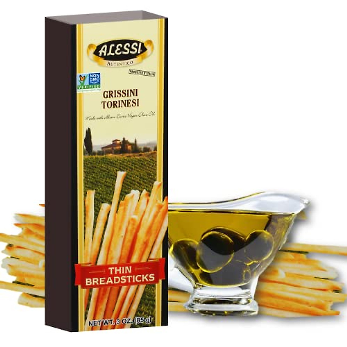 Alessi Imported Breadsticks, Thin Autentico Italian Crispy Bread Sticks, Low Fat Made with Extra Virgin Olive Oil (Thin, 3 Ounce (Pack of 3))