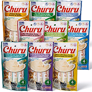 INABA Churu Cat Treats, Grain-Free, Lickable, Squeezable Creamy Purée Cat Treat/Topper with Vitamin E & Taurine, 0.5 Ounces Each Tube, 36 Tubes (4 per Pack), 9 Flavor Variety