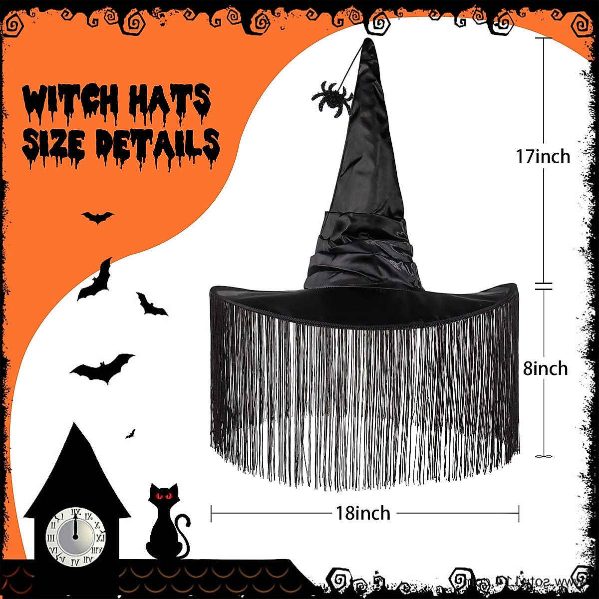 JUSTOTRY Witch Hat for Women - Halloween Women Costume Black Witches Hats with Dangle Fringe for Hallowee Decor Accessories Hocus Pocus Party Favor