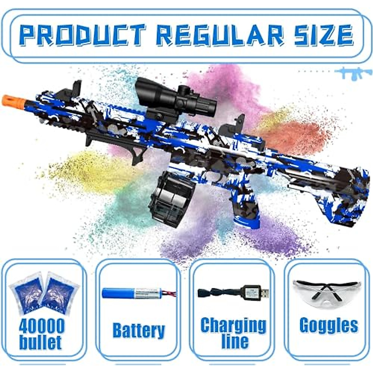 Electric Gel Ball Blaster, High Speed Automatic Splatter Ball Blaster with 40000+ and Goggles, JIFTOK Rechargeable Splatter Ball Toys for Outdoor Activities Shooting Game Party Favors-Blue