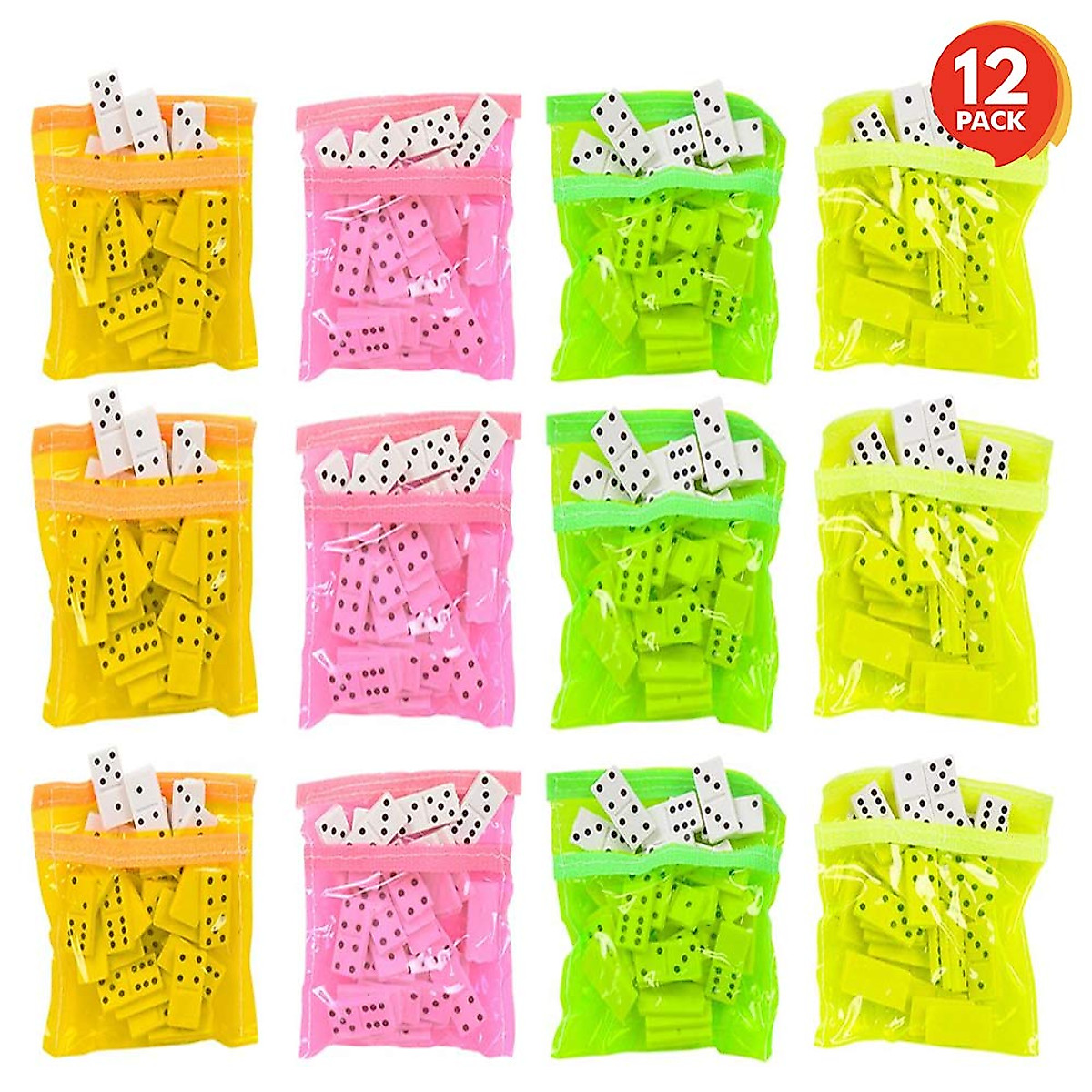 ArtCreativity Domino Game Set - Pack of 12 - Each Domino Set Includes 28 Pieces Per Neon Pink, Yellow, Green and Orange Bags - Great School, Carnival Prizes - Awesome Party Favor - Fun Game for Kids