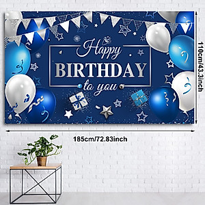 Happy Birthday Decorations Backdrop Banner, Navy Blue and Silver Birthday Party Decoration Happy Birthday Banner Sign Photo Background for Men Women Children Boys Birthday Supplies, 72.8 x 43.3 Inch