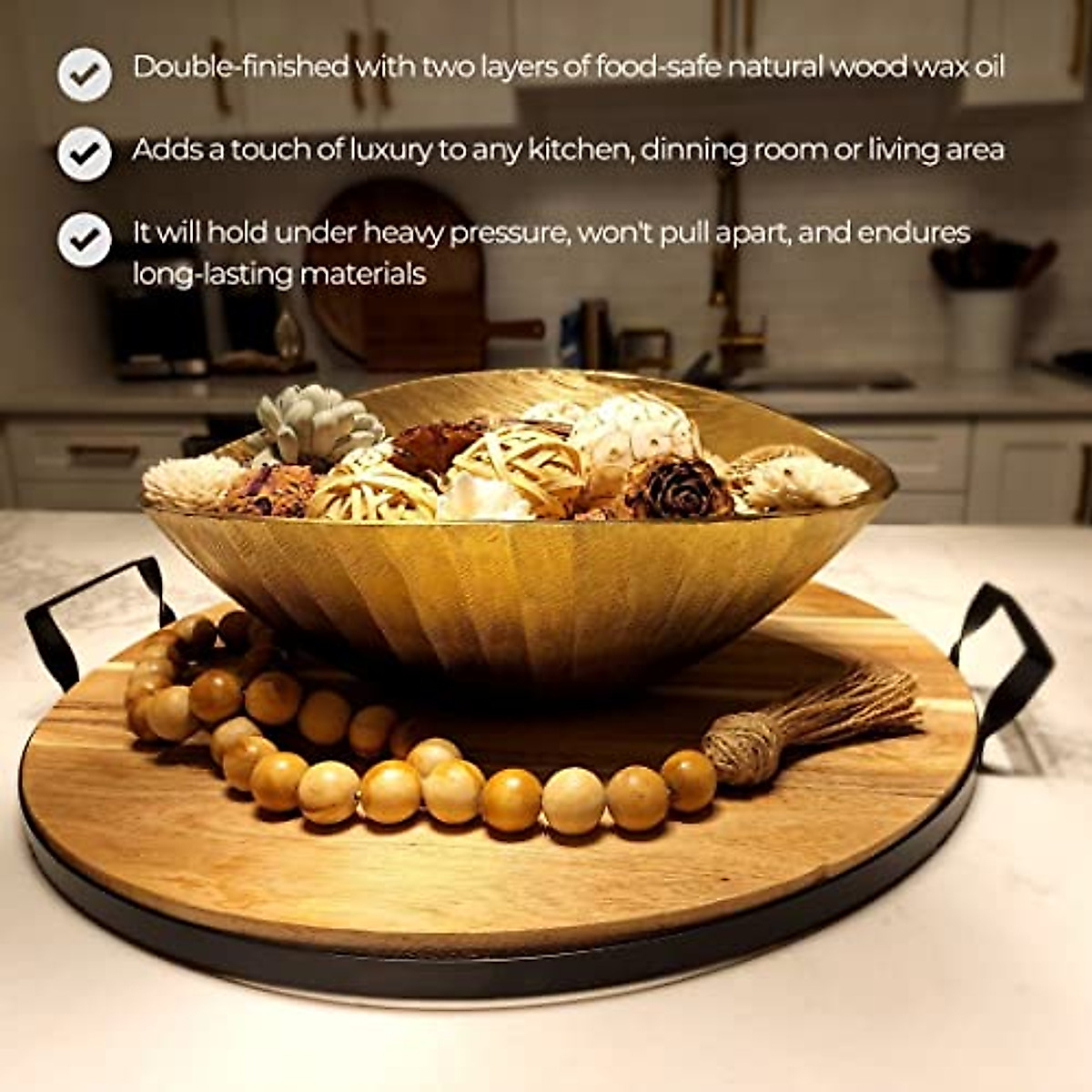 LIVMORE Large Round Wooden Tray Solid Serving with Handle Acacia Wood Circle Platter Decorative Charcuterie Cheese Board Oversized Ottoman Home Breakfast Tea Coffee Fruit Party Dinner