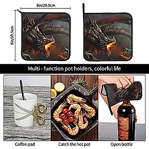 Knight Fighting Dragon Kitchen Pot Holders Hot Pad, Potholders Hot Pads for Kitchen,Washable Pot Holder Oven Mitts,Heat Resistant Hot Pad Kitchen Decor Accessories for Cooking and Baking（2 Sets